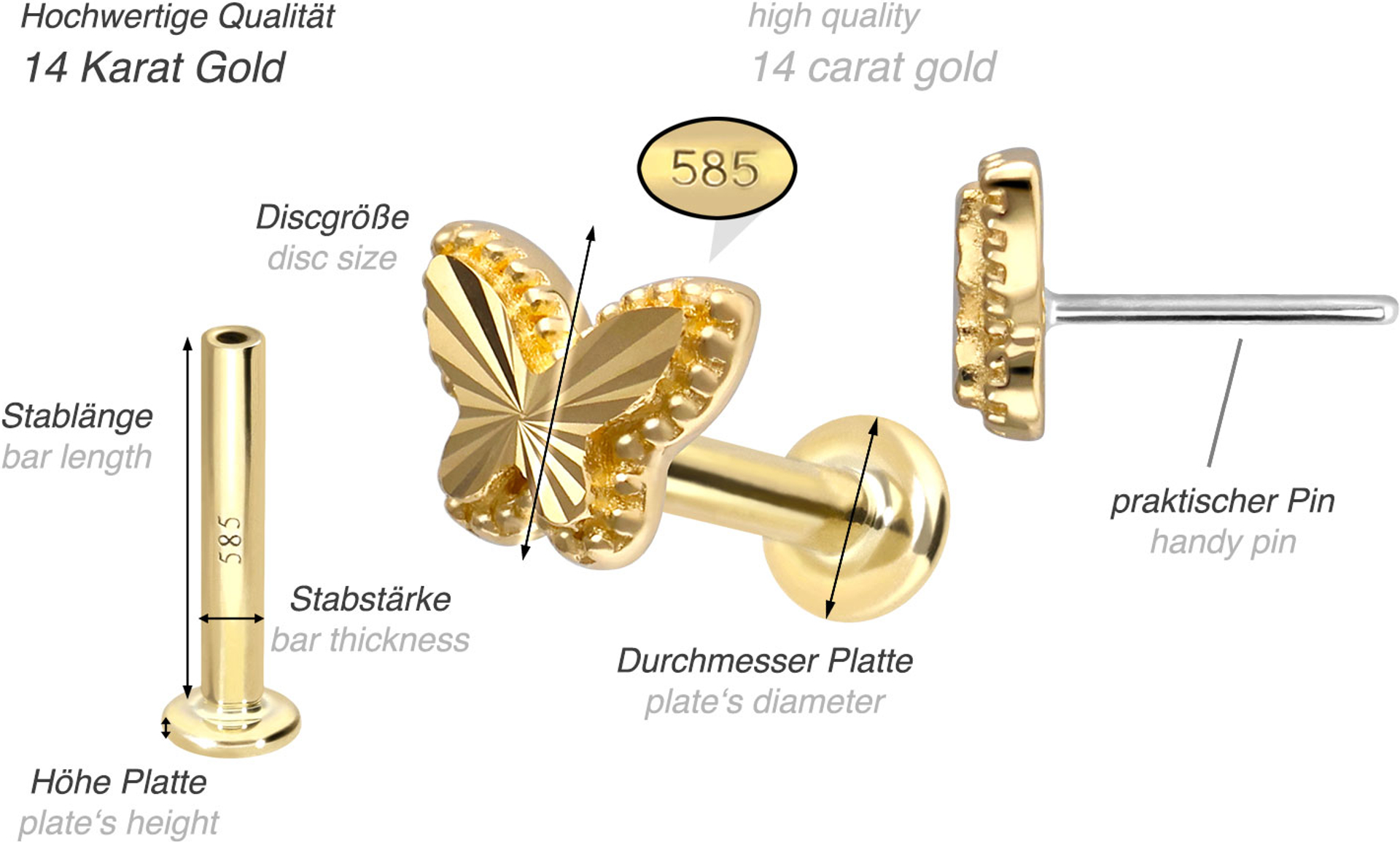 14 Karat Gold Labret mit Push Fit SCHMETTERLING | 14 Karat | WG ...